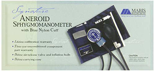 MABIS Aneroid Sphygmomanometer with Blue Nylon Blood Pressure Cuff, Manual, Home or Professional Use, Large Adult, Blue