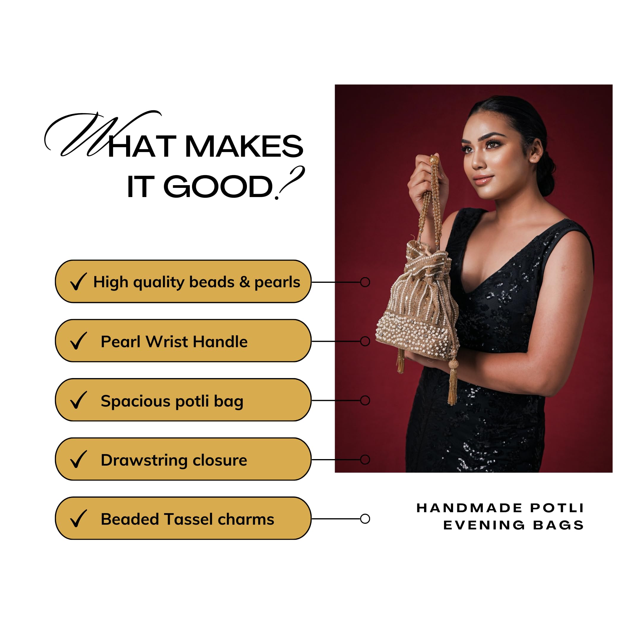 CRAFT BAZAAR Handmade Beaded Gold Evening Bag, Indian Potli Bags For Weddings And Parties, Wristlet Drawstring Bags