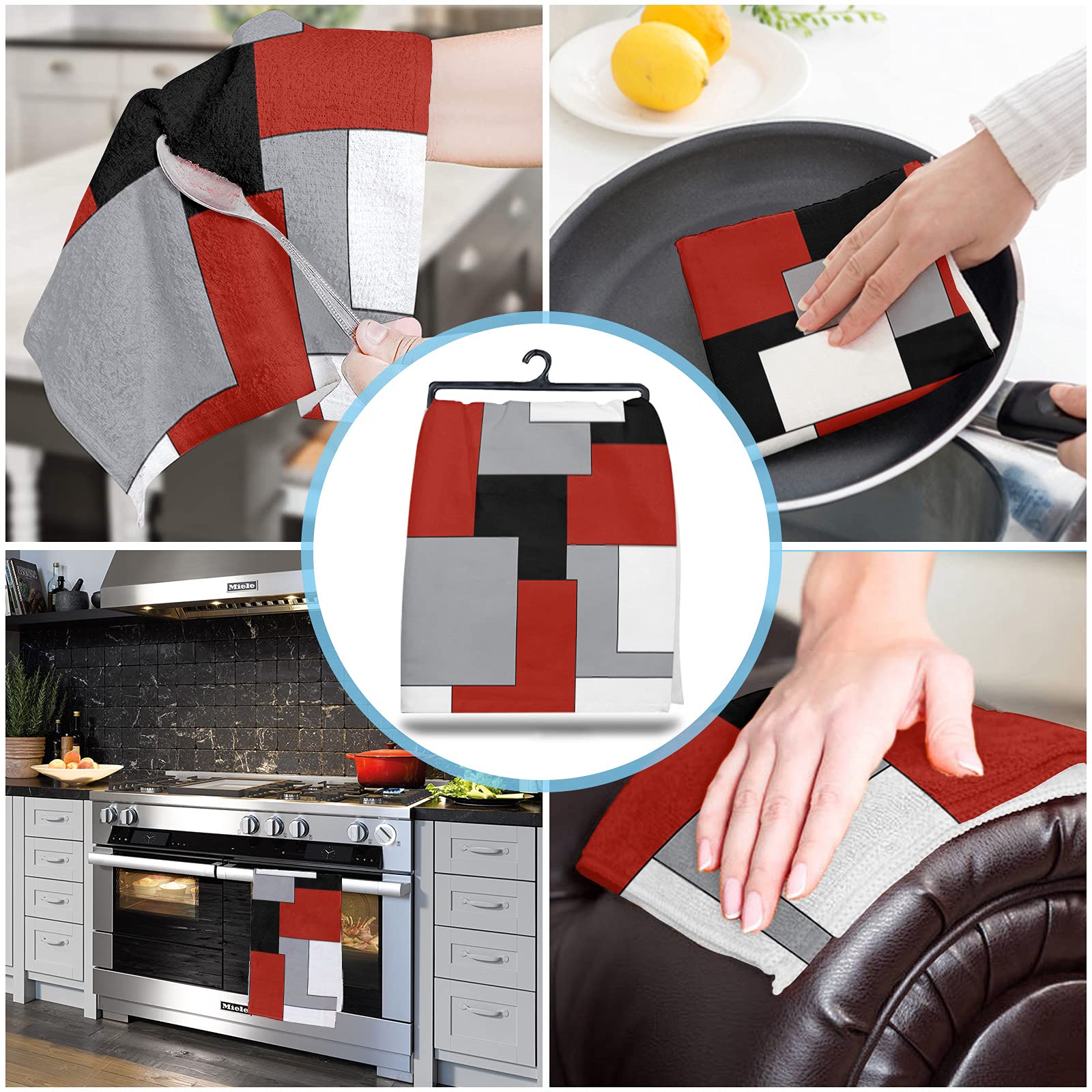 Cotton Kitchen Towels Super Soft Absorbent Kitchen Dish Towels for Drying Dishes/Hand/Tea/Bar Towels White Grey Black Red Abstract Irregular Geometric Cleaning Kitchen Towels 2 Pack, 18x28 Inch