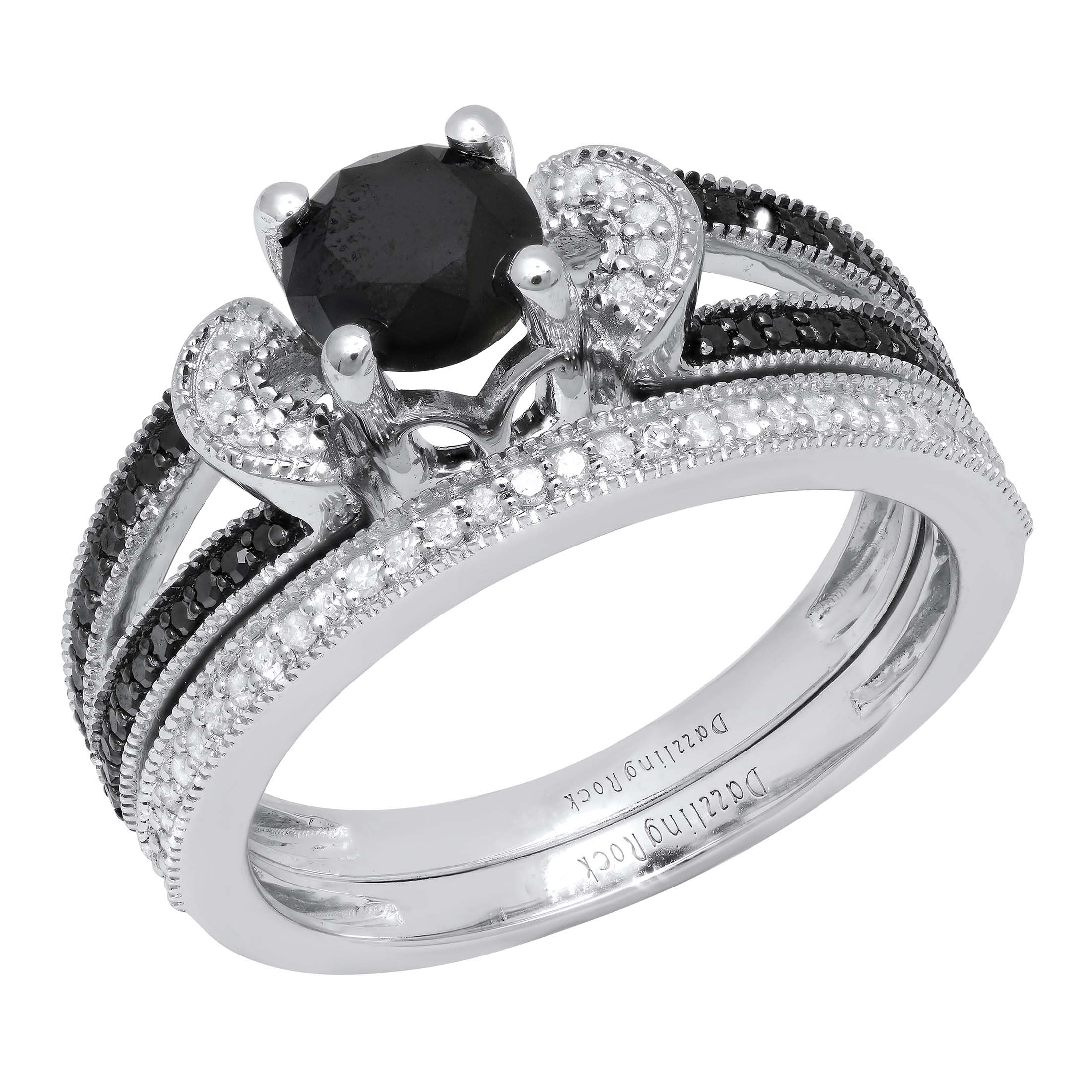 Dazzlingrock Collection 6mm Round Black Diamond & White Diamond Solitaire Style Collar Split Shank Wedding Ring Set for Her in 925 Sterling Silver Size 6