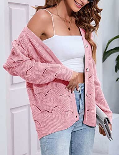 KOJOOIN Women's Crochet Cardigan Lightweight Kimono Long Sleeve Hollow Out Kint Outwear Sweater Barbie Pink M