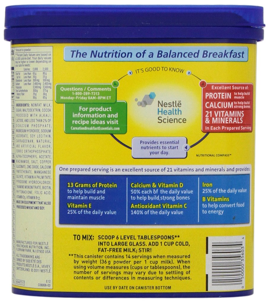 Carnation Breakfast Essentials Powder Drink Mix, Rich Milk Chocolate, 17.7 Ounce Jar (Packaging May Vary)