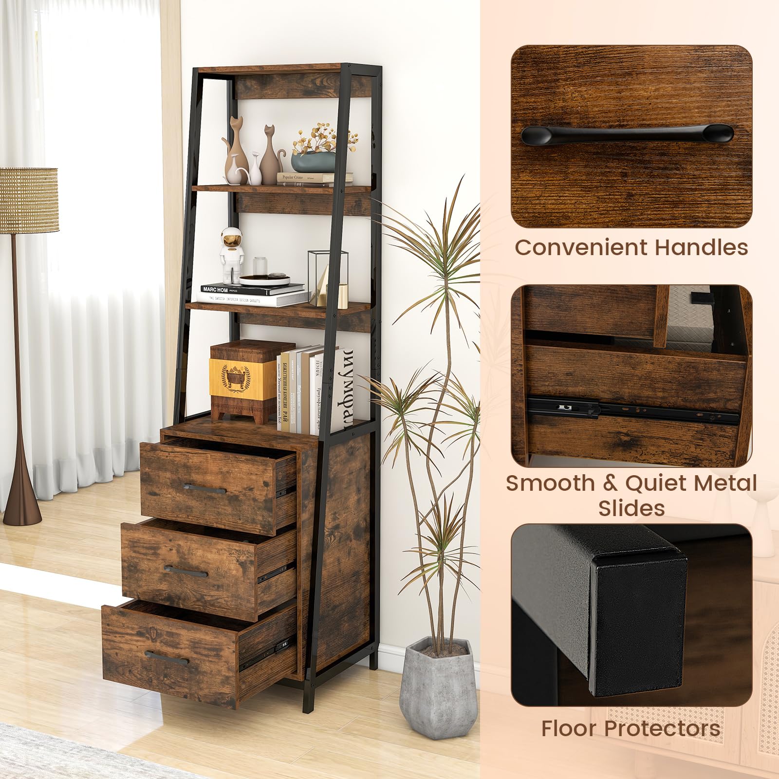 Giantex Ladder Bookshelf with Drawers, 69" Tall Wooden Bookcase with 4 Shelves, Modern Book Shelf Storage Organizer Unit, Freestanding Display Shelving Rack for Living Room, Bedroom (Rustic Brown)