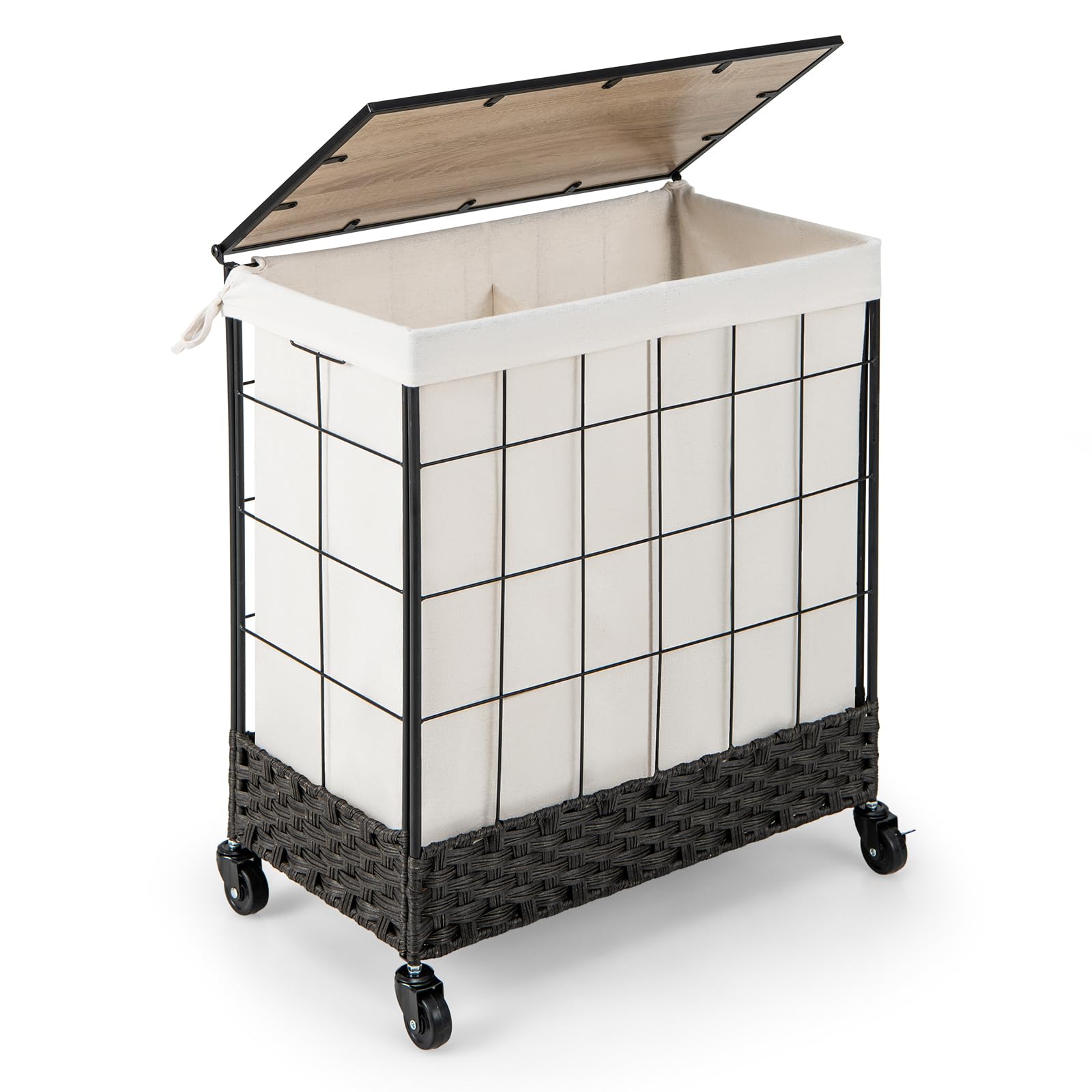 Giantex Laundry Hamper with Wheels and Lid, 110L Heavy Duty Laundry Sorter with Removable Liner Bag & Wood Lid, 2-Section Divided Metal Laundry Basket, Handwoven Rattan Rolling Laundry Basket (Black)