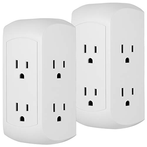 GE Pro 6-Outlet Surge Protector Adapter Spaced Tap, 2 Pack, 3-Prong Power Strip, Charging Station, Side Access, UL Listed, White, 50038