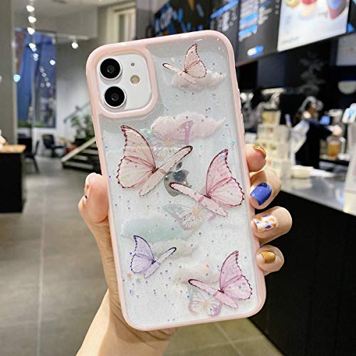 Compatible with iPhone 12 Pro Butterfly Case,Shinymore Cute Pretty Butterfly Glitter Shockproof Soft Silicone Clear Girls Women Cover Case Compatible with iPhone 12/12 Pro-Pink