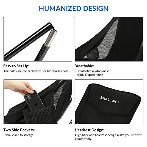 SHALLWE Ultralight High Back Folding Camping Chair, Upgraded All Aluminum Structure, Built-in Pillow, Side Pocket & Carry Bag, Compact & Heavy Duty for Outdoor Backpacking(Pitch-Dark)