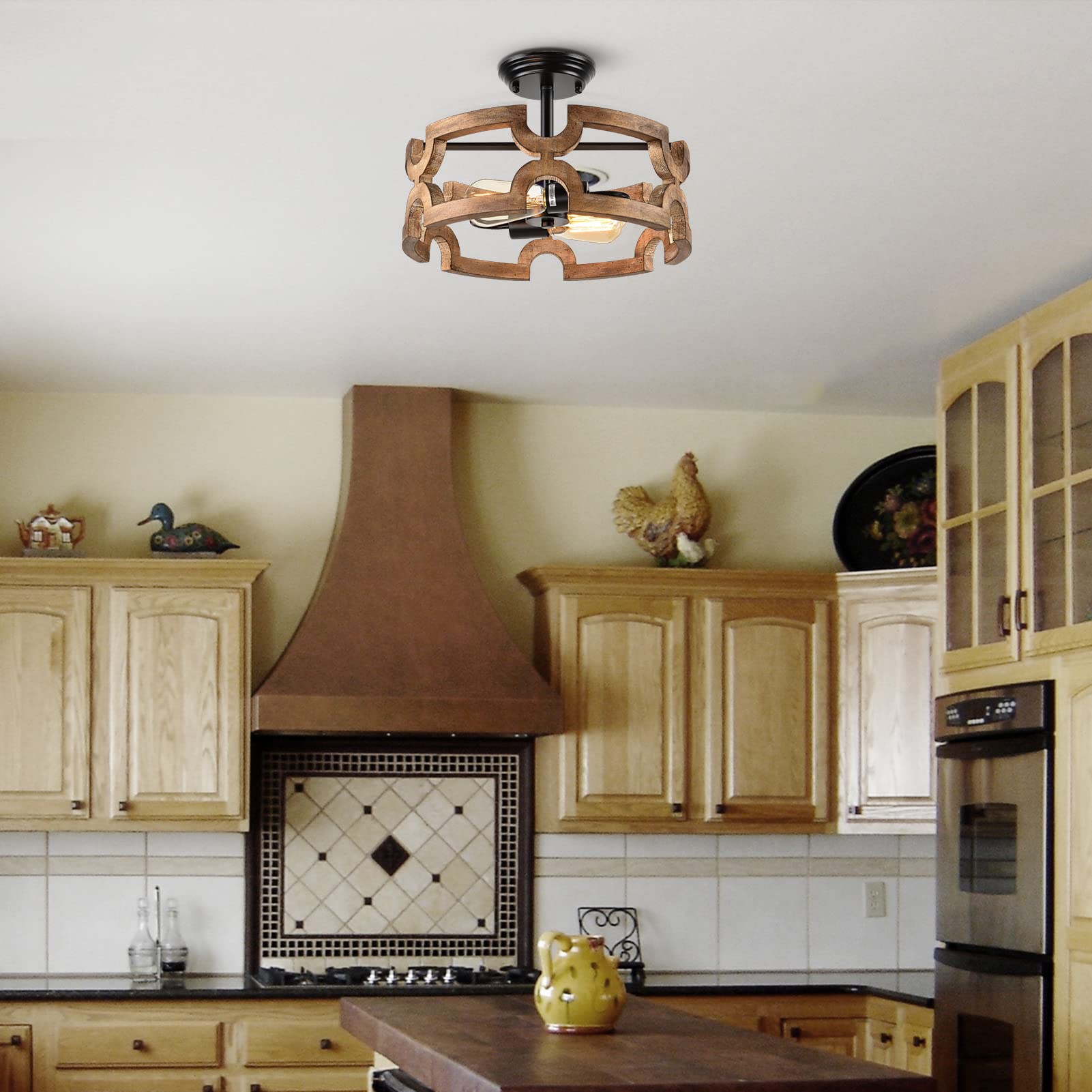 Bribyit Farmhouse Chandelier Light Fixture, Rustic Drum Semi Flush Mount Ceiling Light, 2-Light Wood Pendant Light with Sloped Accessories for Dining Living Room Foyer Kitchen,Height Adjustment
