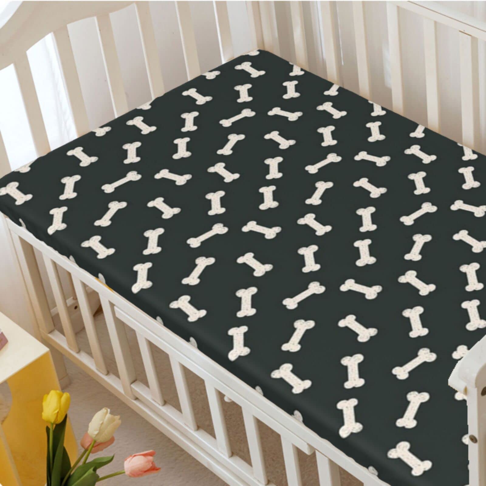 Dog Bone Themed Fitted Crib Sheet,Standard Crib Mattress Fitted Sheet Ultra Soft Material-Baby Crib Sheets for Girl or Boy, 28β x52β,Ivory and Charcoal Grey