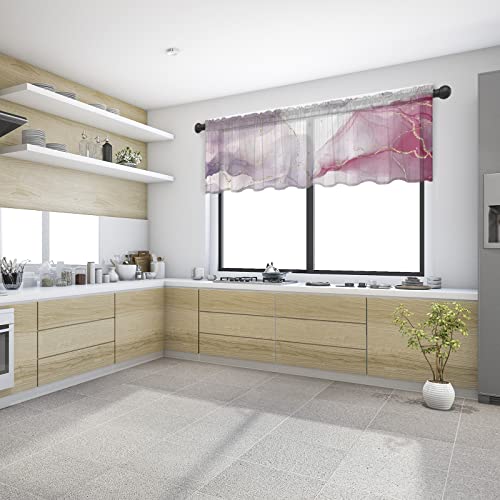 Semi Sheer Curtain Valance for Kitchen Windows Abstract Marble Agate Texture Chiffon Rod Pocket Half Window Curtains Topper for Bathroom/Living Room/Bedroom Pastel Theme Pink Purple White Gold