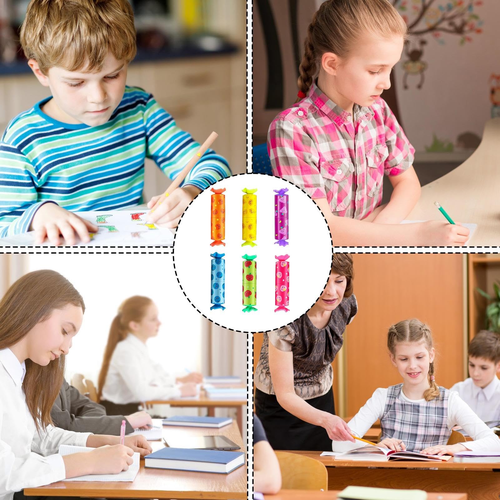Candy Shape Highlighter, 6pcs Cute Candy Highlighters, Enhanced Notetaking Marker Pen, Size Light Weight Candy Highlighter Pens with Delightful Fruit Patterns For Kids Drawing and Greeting Card