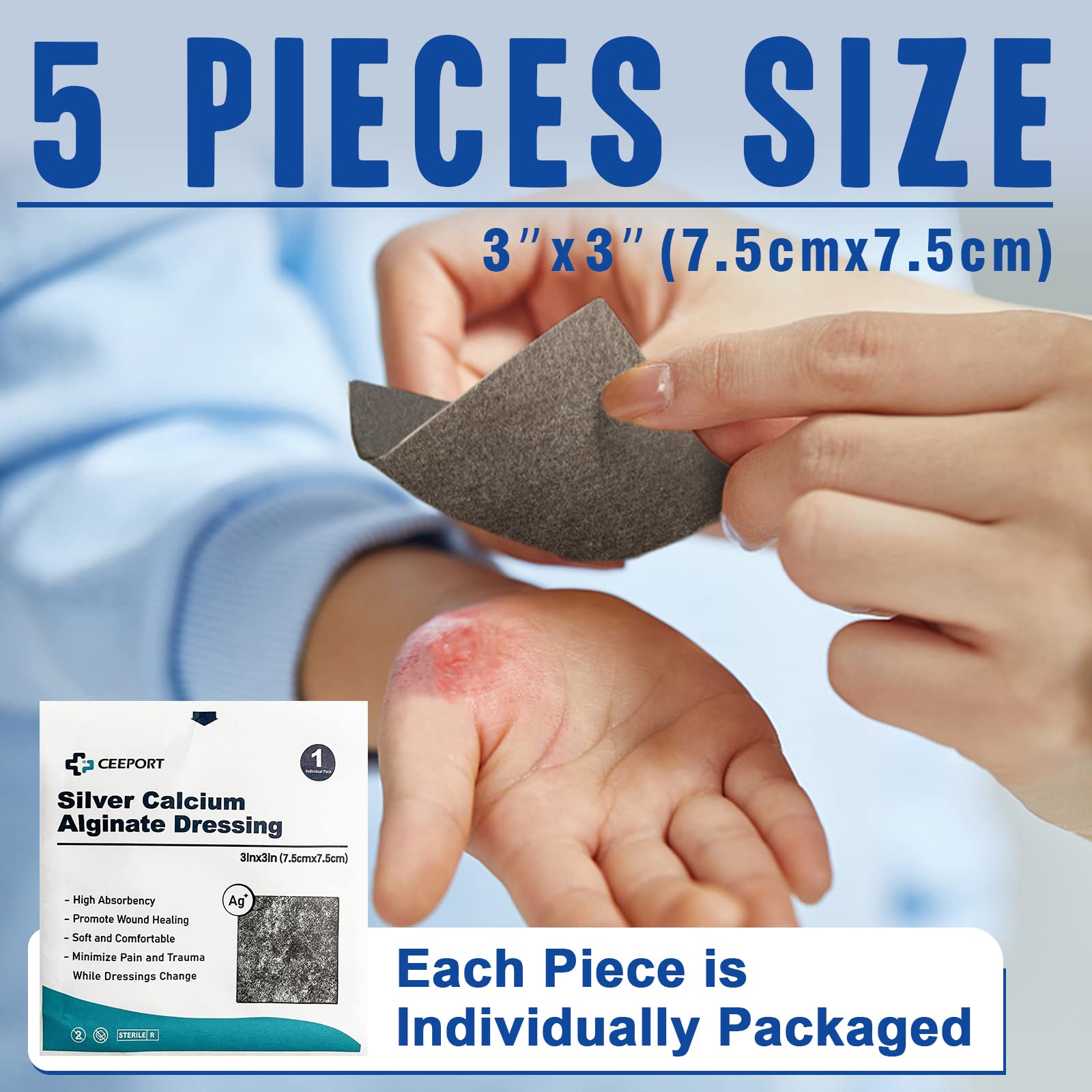 Ceeport Silver Calcium Alginate Wound Dressing 3'' x 3'', 5 Individual Pack, Highly Absorbent Dressing Gauze, Soft and Comfortable Silver Dressing for Wound Care, Non Stick Pads for Wounds