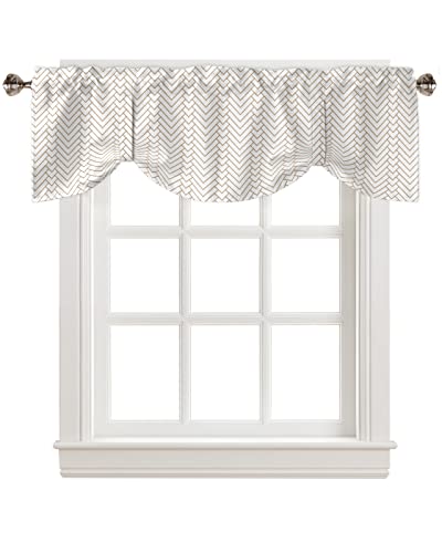Semi Sheer Valance Adjustable Kitchen Valance for Windows, Modern Herringbone Geometric White and Gold Valances for Bathroom Bedroom Living Room, Tie-up Rod Pocket Decorative Window Curtain 42"x18"