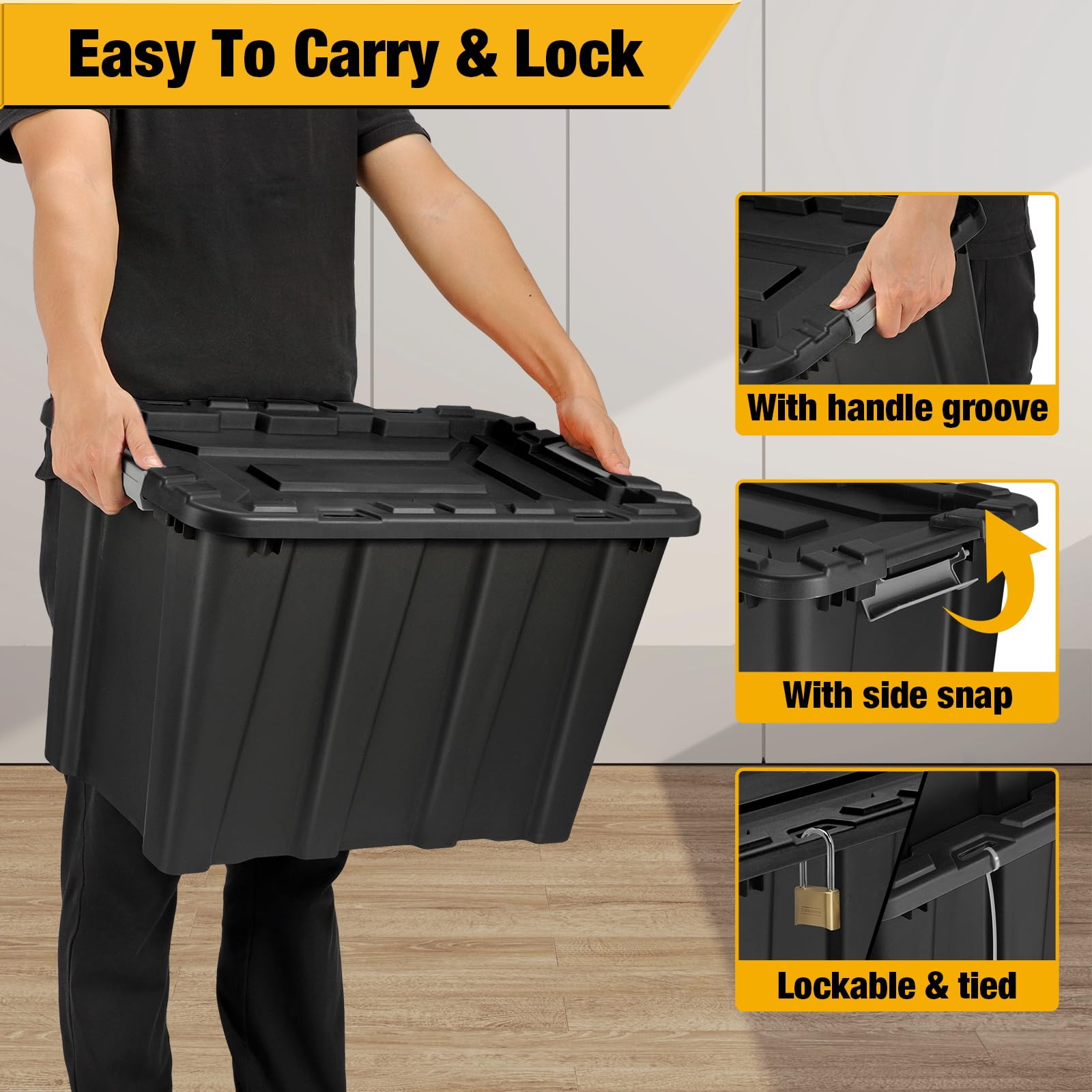 BROVIEW V12 11Gal Heavy Duty Plastic Storage Bins with Latching Lids, Stackable Tough Tote Storage Box Containers with Lock Hole & Handle for Garage Workshop Metal Rack (Black Base/Blue Lid, 4Pack)