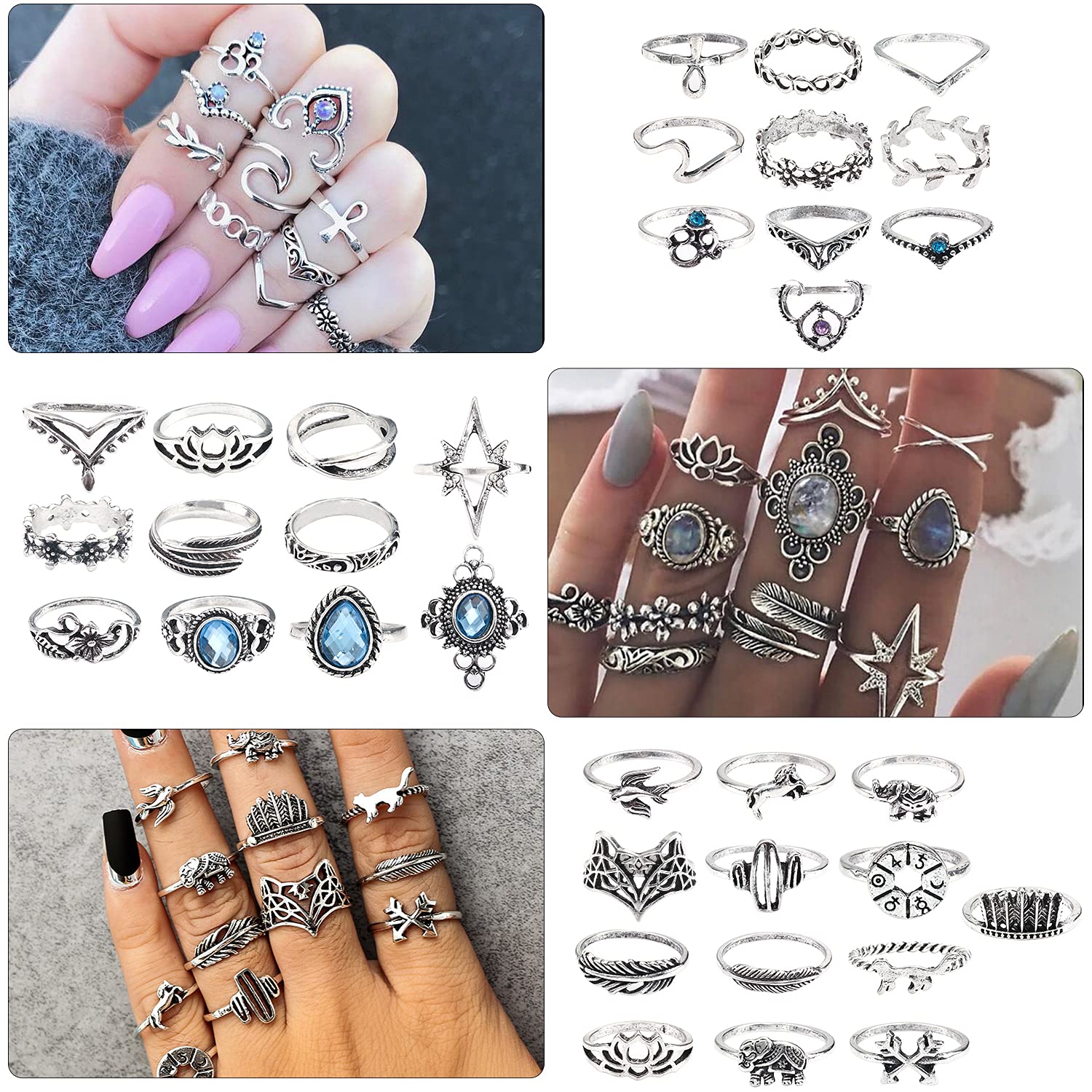 CLOYAN 99 Pcs Knuckle Rings for Women Cool Silver Rings Set Bohemian Goth Vintage Hippie Stackable Crystal Jewelry Accessories