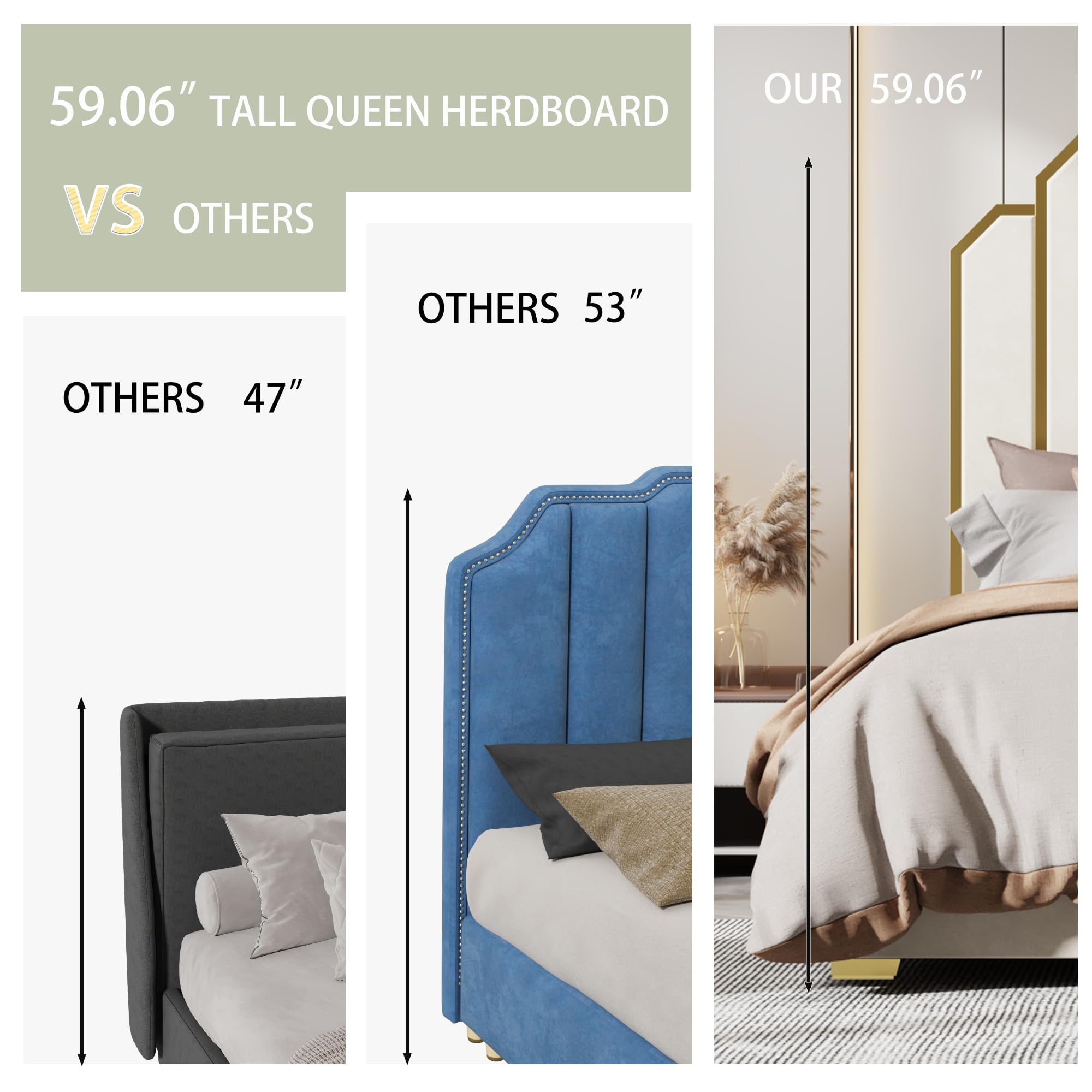 FSTAR Queen Size Bed Frame with Storage Drawers - High Headboard Upholstered Bedframe in Plush Velvet with Gold Accents (Beige Cream, Queen)