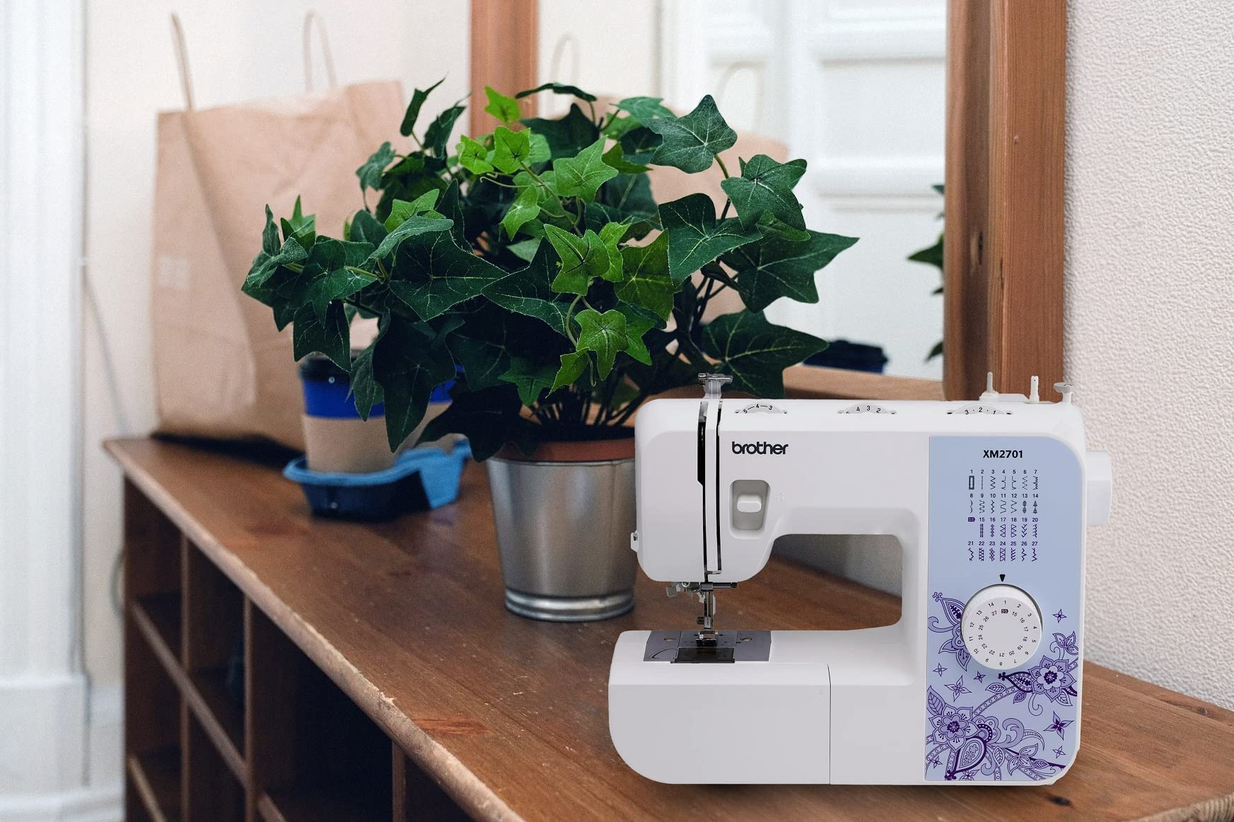 Brother Sewing Machine Bundle XM2701+, 27 Stitch Applications, 63 Stitch Functions, Simple, Portable, Great for Beginners, Top Drop-In Bobbin, 5 heavy duty needles, Kwalicable Cleaning Cloth
