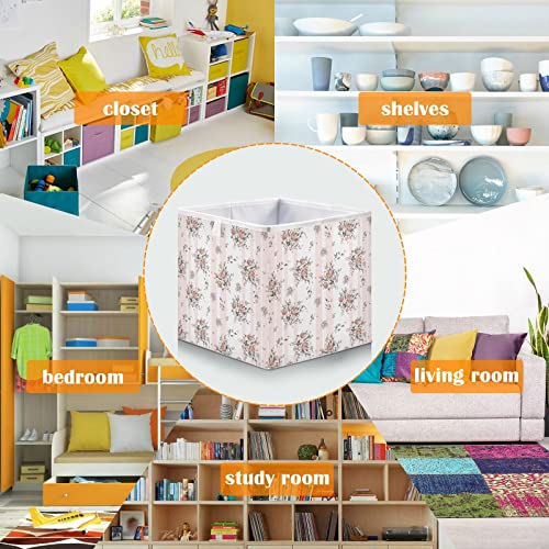 Kigai Beautiful Flowers Floral Bouquet Pink and White Stripes Foldable Storage Bins Cube, Closet Storage Baskets for Shelves Storage Box Open Storage Bins or Nursery Shelf, Closet, Office 11x11x11in