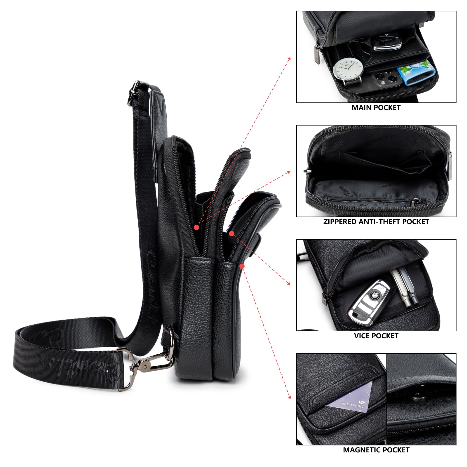 CANTLOR Small Leather Sling Bag Backpack for Men Crossbody Bag Fanny Pack Casual Hiking Travel Daypack