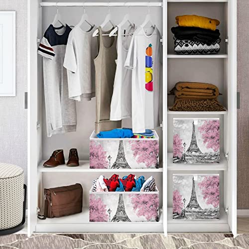 Kigai Oil Painting Paris Eiffel Tower Cube Storage Bin 11x11x11 in, Large Organizer Collapsible Storage Basket for Shelves, Closet, Storage Room