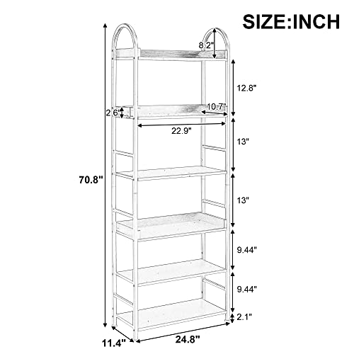 Merax Bookshelf, 6-Tier Bookcase with 4 Hooks, 70.8 Inch Tall Industrial Wood Storage Rack, Arched Open Shelves for Home Office, Living Room, Bedroom, Kitchen