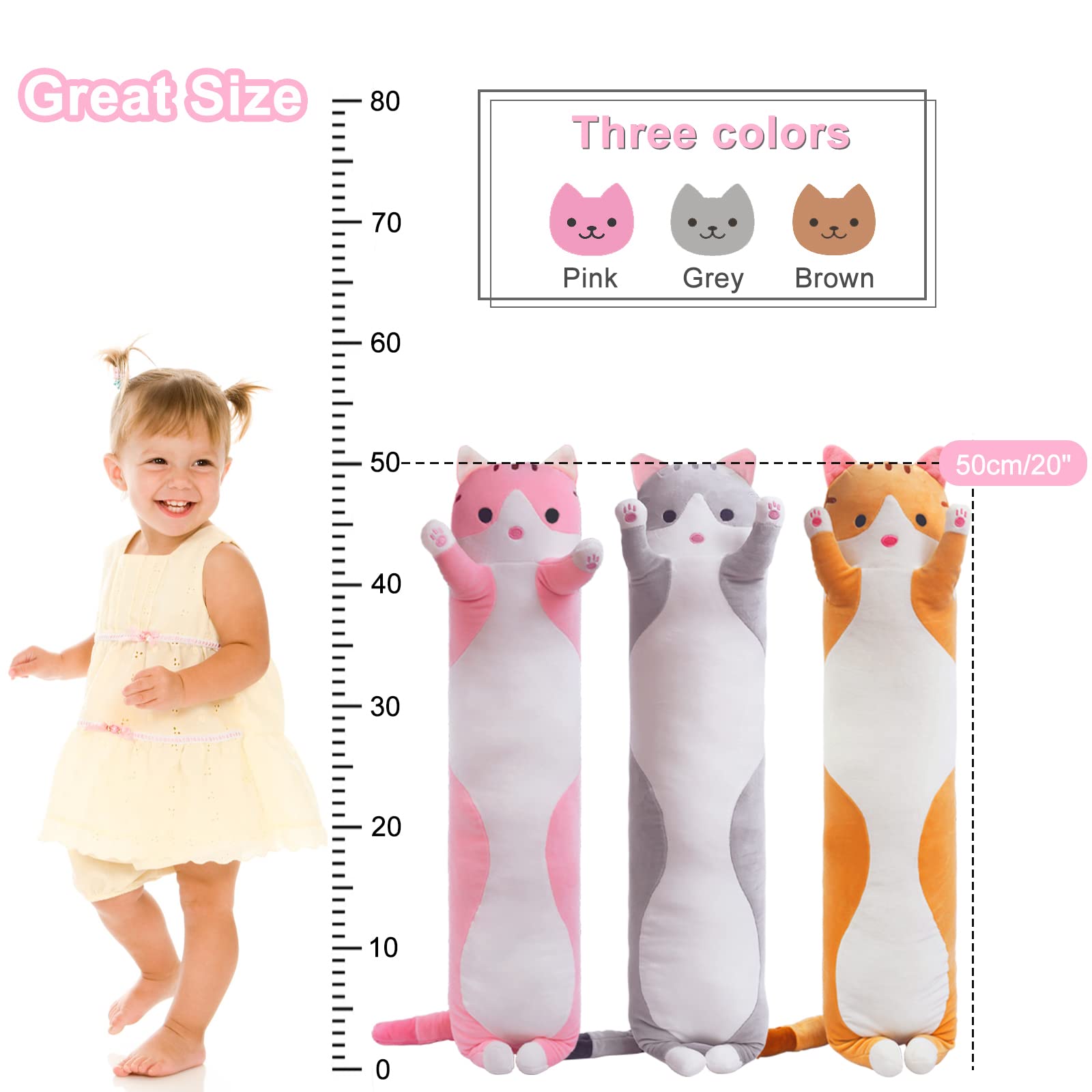 DOBUONO 19.68in Long Cat Plush Pillow - Cute Stuffed Animal for Kids - Soft Pink