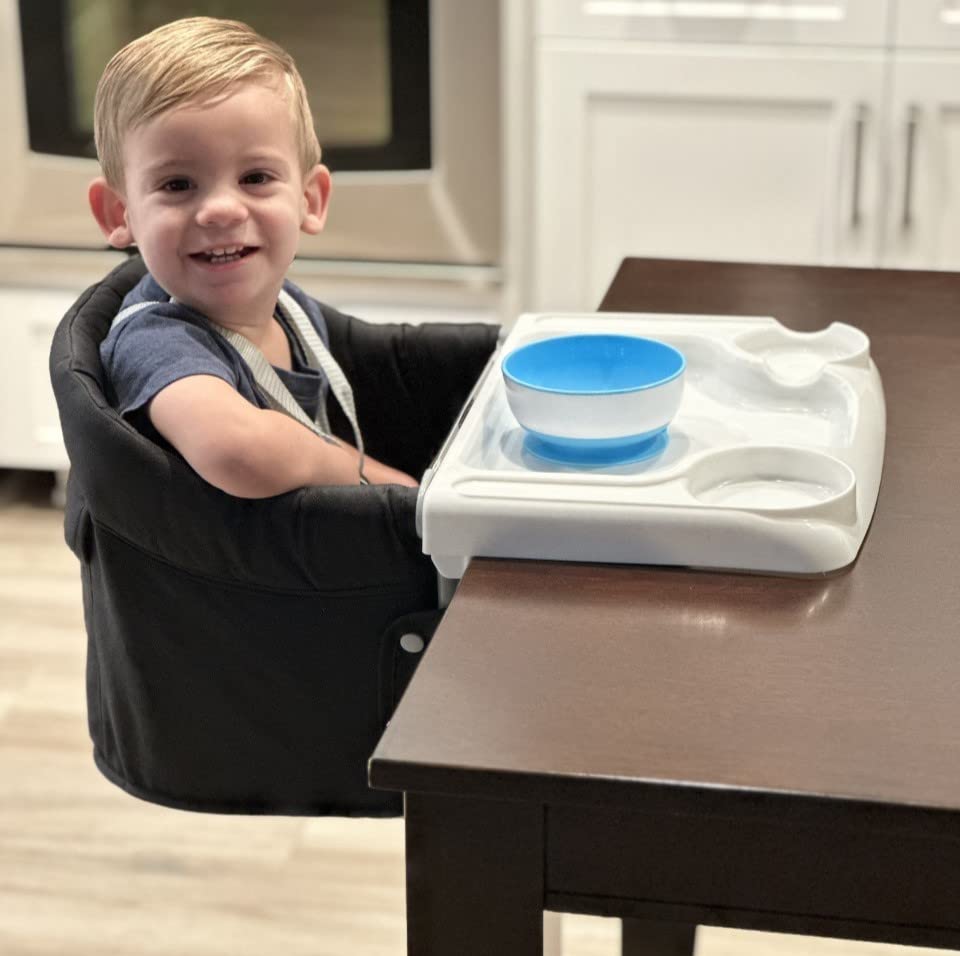 Little One Portable High Chair for Travel for Babies and Toddlers with 5-Point Harness and Tray β Baby Seat for Dining Table, Counter Height, Restaurant, Camping β Foldable and Compact (Black)