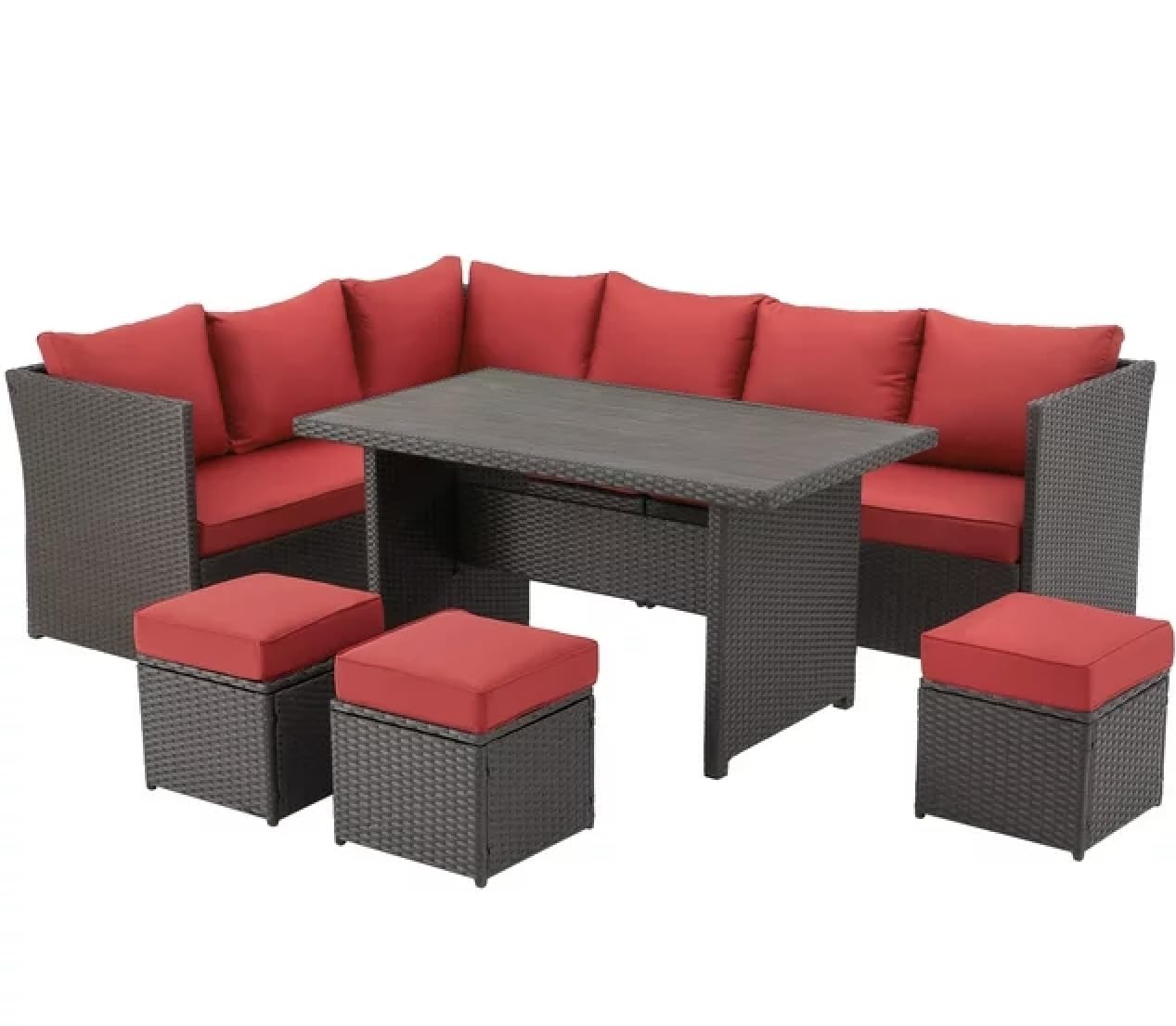 Generic 7 Piece Patio Conversation Set, Outdoor Sectional Sofa Rattan Wicker Dining Furniture, Gray (Red), dd1123