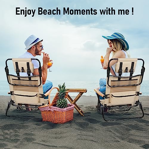 REALEAD Reclining Beach Chairs for Adults - Extendable High Back Low Profile Beach Chair with Headrest, Cooler Pouch, Cup Holder, 4-Position Lay Flat Folding Beach Chairs Heavy Duty Support 330LBS