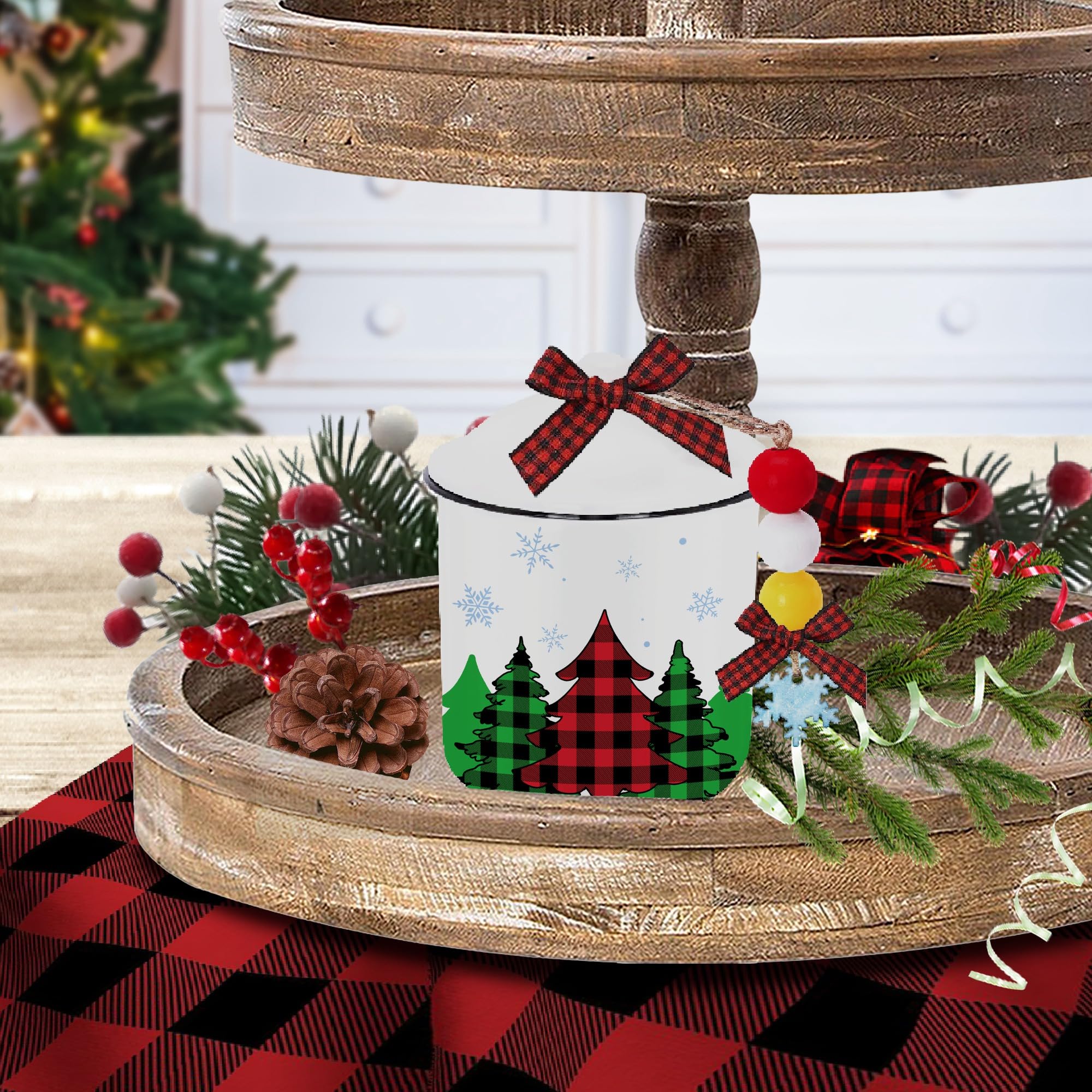 Christmas Tree Snow Cookie Candy Jar with Lid, Christmas Table Decorations Indoor Tiered Tray Decor, Red Buffalo Plaid Bowknot for Snacks, Christmas Party Table Home Kitchen Holiday Gift for Women