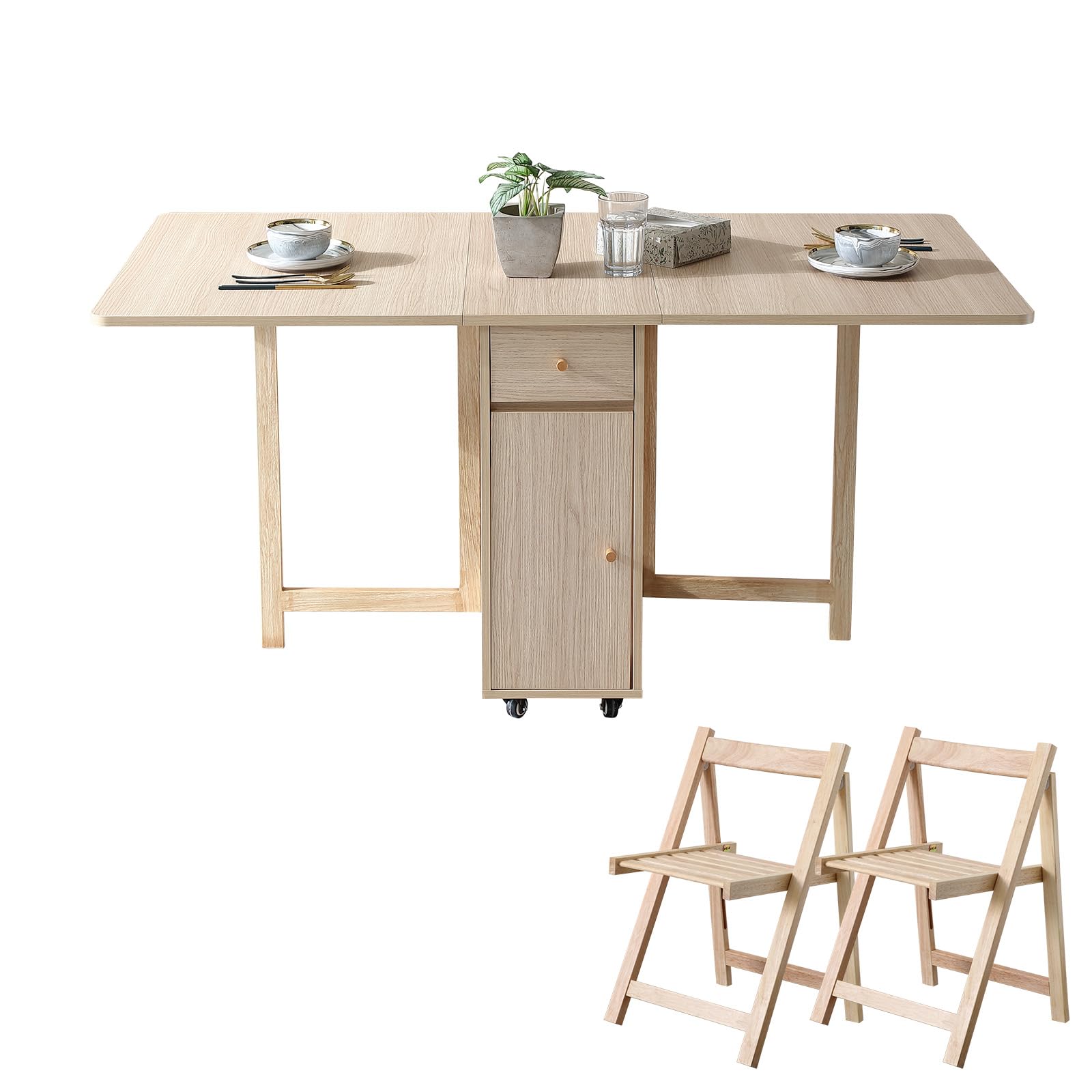 COMUHOME Wood Drop Leaf Folding Dining Table with 2 Drawers and 4 Wheels, Wood Folding Chair Set of 2, Space Saving Dining Set for Living Room, Kitchen and Office