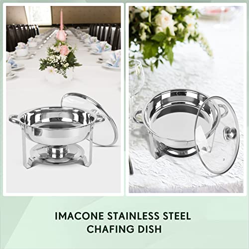 IMACONE Chafing Dish Buffet Set 4 Pack, 5QT Round Stainless Steel Chafer for Catering in Glass Lid, Chafers and Buffet Warmer Sets w/Food & Water Pan, Lid, Frame, Fuel Holder for Event Party Holiday