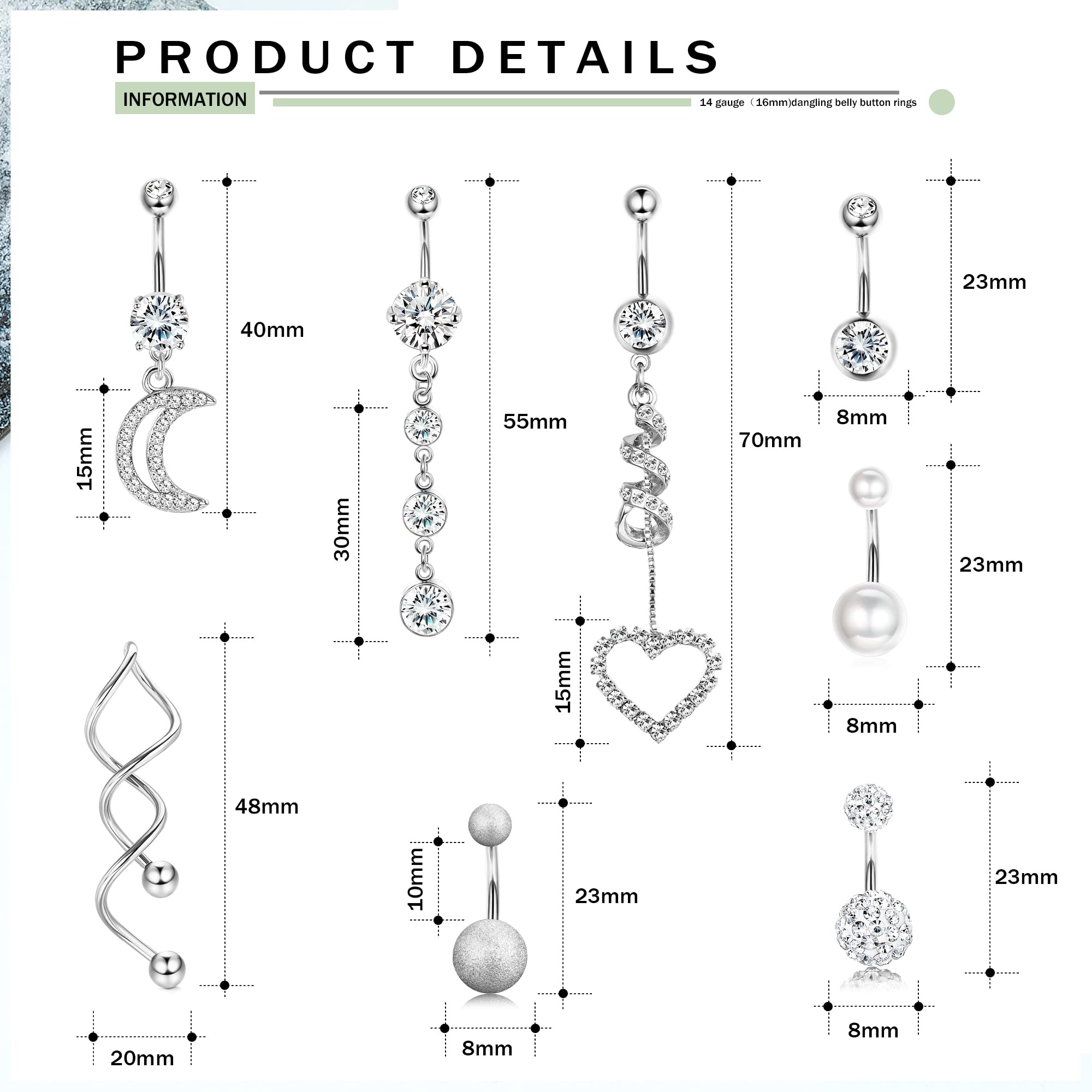 Dochais 8PCS Belly Button Ring, Surgical Steel Belly Rings for Women Dangle Belly Button Rings Sparkling CZ Pearl Belly Piercing Jewelry