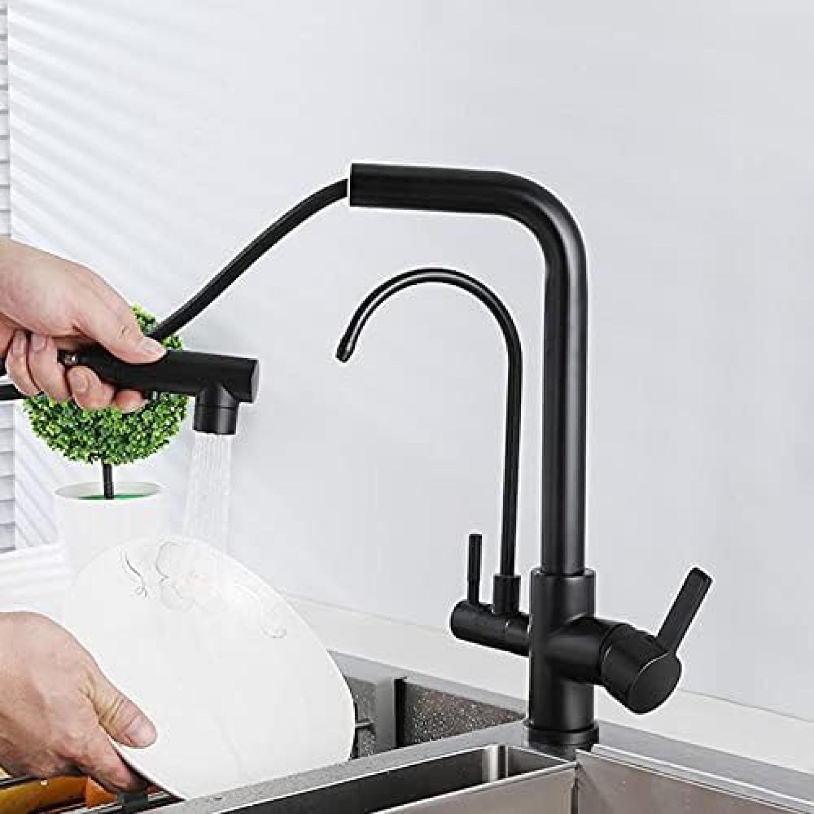 CRJUS 3 Way Filter Taps Pull Out Kitchen Tap Swivel 3 Way Kitchen Tap with Water Filter Way Dual Spray Mode Sink Mixer Tap Drinking Purifier Water Tap-Brushed Nickel-B,Black -B