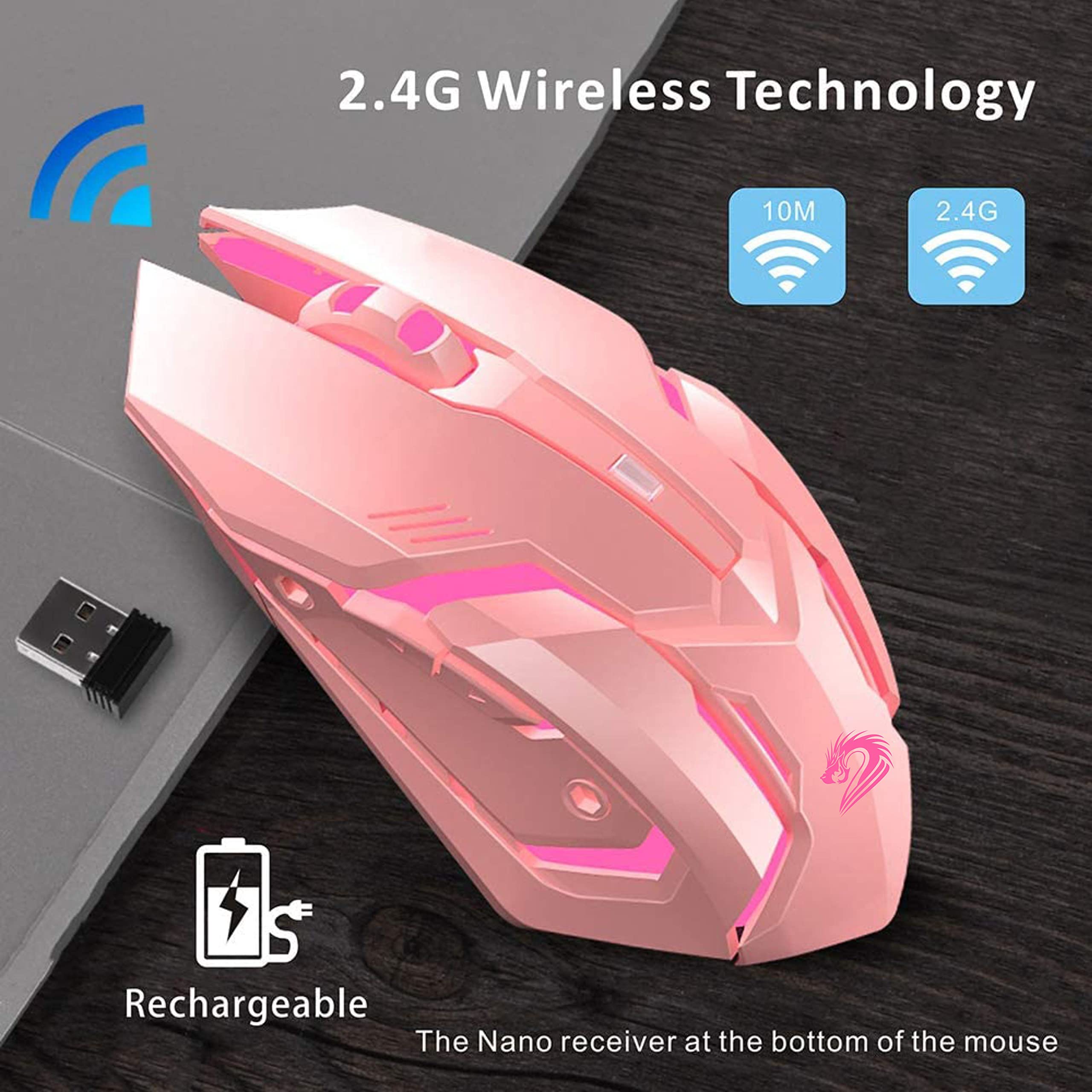 Uciefy X96 Wireless Gaming Mouse, Rechargeable Silent Mouse 4 Breathing Led Light Optical Mice with Nano USB Receiver, 2400 DPI High Precision Laser for Computer/Laptop/Mac/PC (Pink)