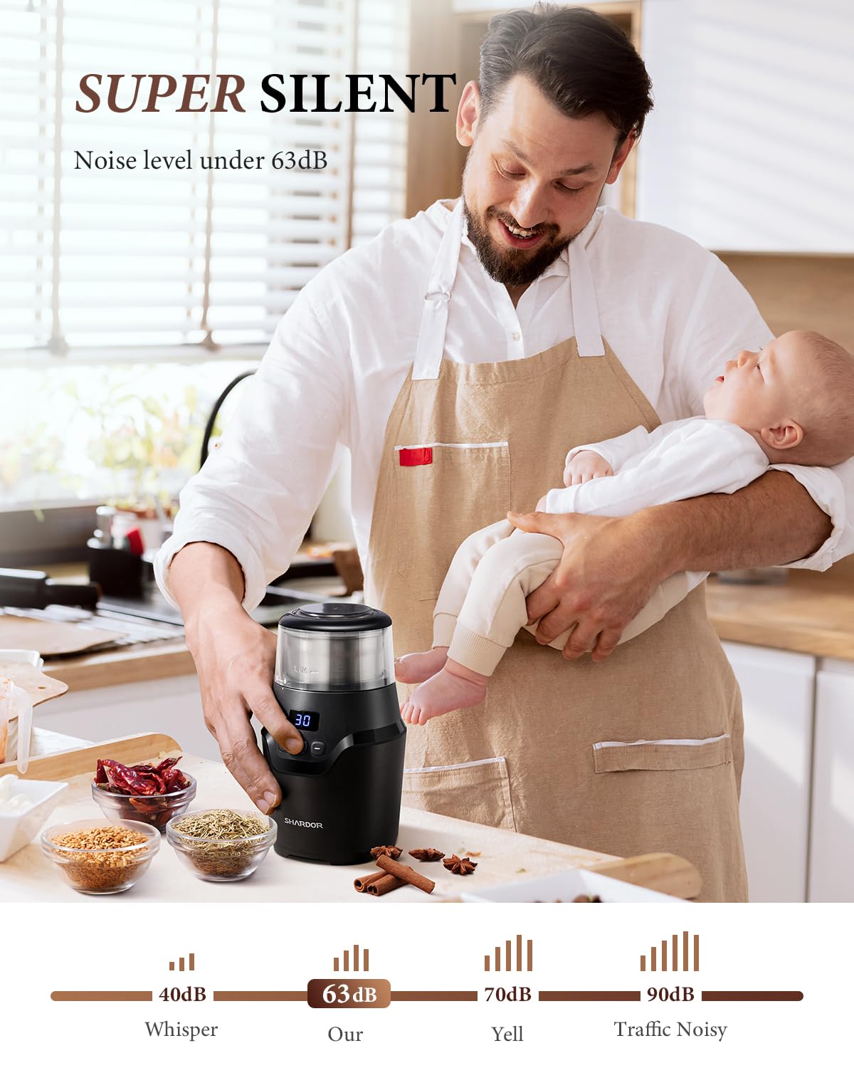 SHARDOR Adjustable Coffee Grinder Electric, Super Silent Electric Coffee Bean Grinder with Time-Memory Adjustment and Multi-Functional Stainless Steel Cup for Spices, Herbs, and Nuts Grinding, Gray