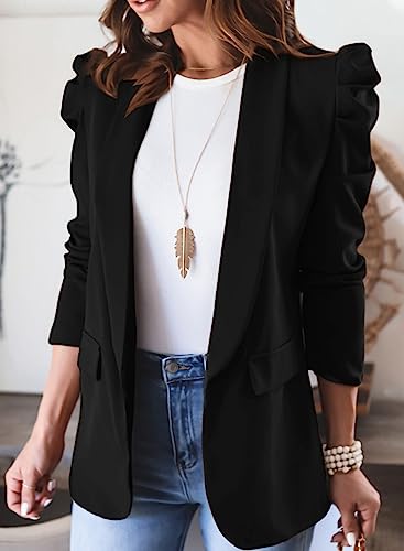 KIRUNDO Women's 2023 Fall Casual Blazers Puff Sleeve Lapel Open Front Work Suit Office Blazer Jackets with Pockets (Black, Medium)