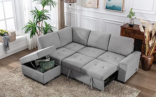 Merax, L-Shape Corner Couch Sofa-Bed with Storage Ottoman & Hidden Arm Storage & USB Charge for Living Room Apartment, Light Gray