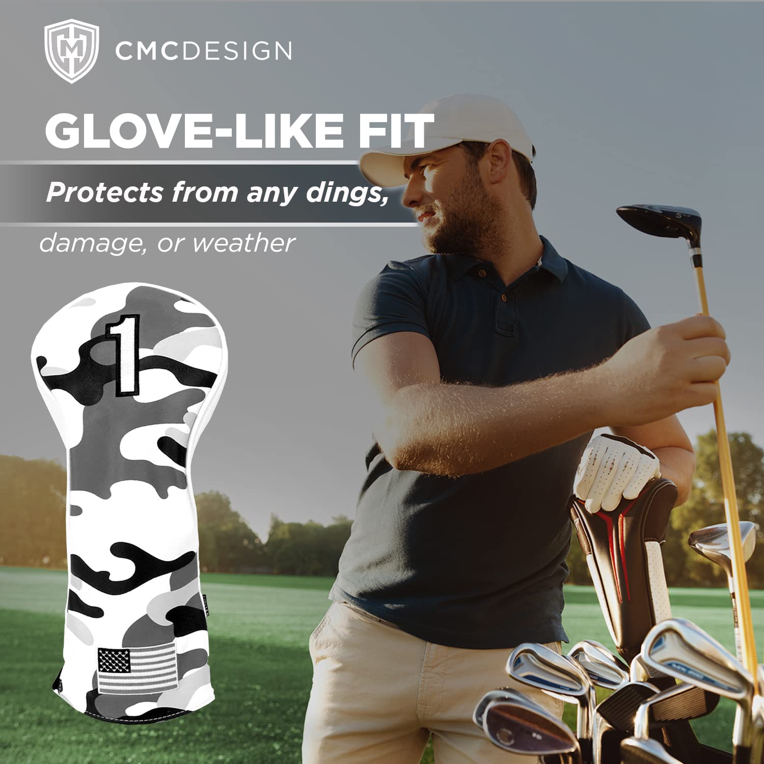 CMC Design Custom Snow Camo Embroidered Golf Driver Head Cover - Glove Soft Lining - Design Elements Include Applique and Embossing - Great Fit on Any Club as Golf Head Covers, Wood Driver Cover
