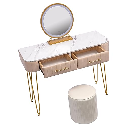 IMGDD 39.4" Length Flannel Soft Roll Makeup Vanity Set, Fasionable Soft Roll Makeup Table, 15.8" Touch Control 3 Brightness Options LED Mirror, Large Capacity Storage, Fashionable Soft Roll Stool