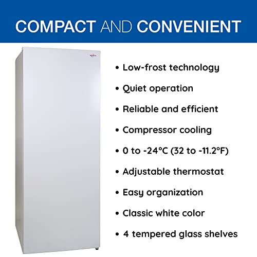 Koolatron Garage-Ready 7.0 Cu Ft Upright Freezer Low-Frost Technology Premium Insulation Repositionable Shelves Pizza Compartment Reliable Compressor Cooling Ideal Basements Outbuildings