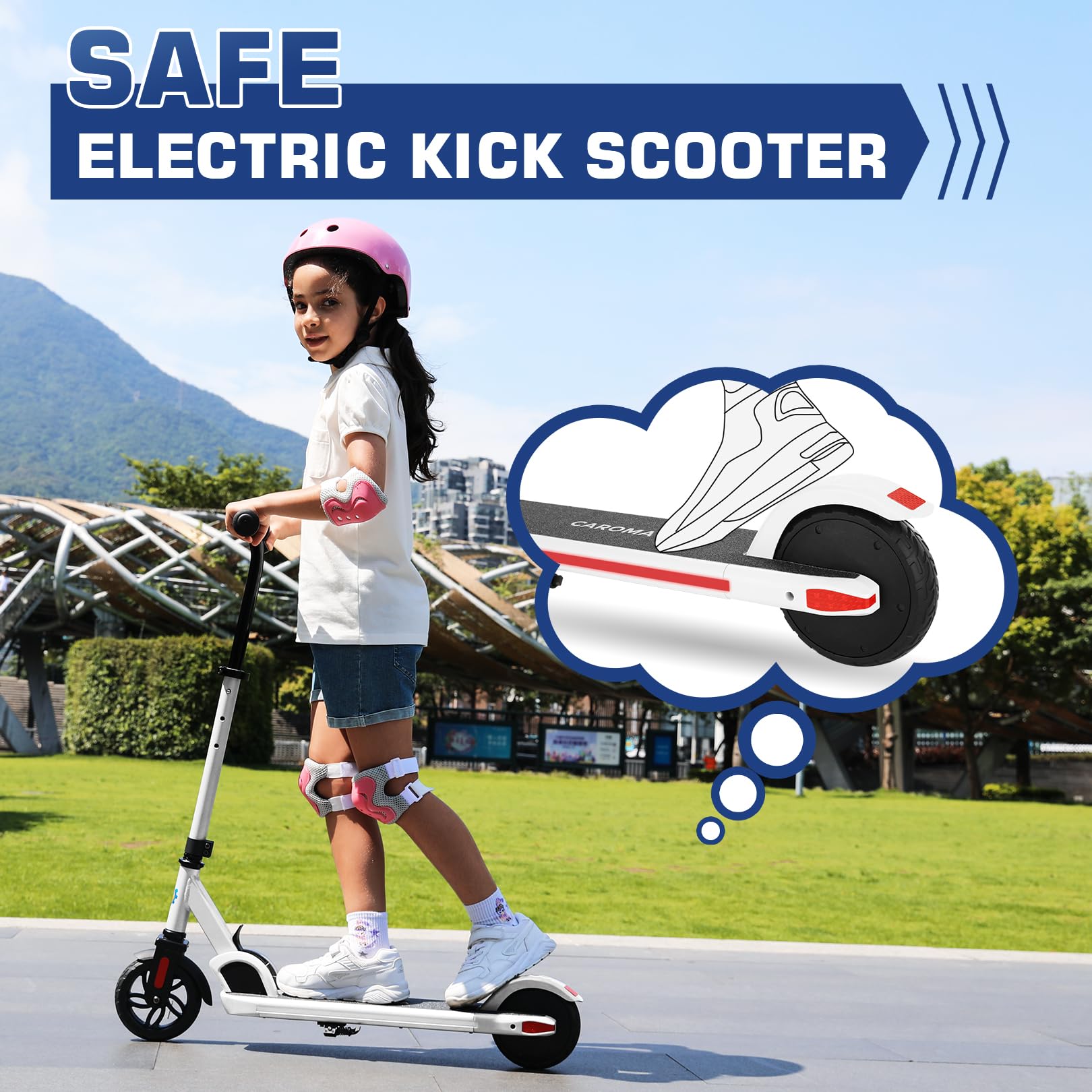 Caroma Electric Scooter for Kids Ages 8-12, Max 7 Miles Range and 10 Mph Max Speed, Colorful Rainbow Light, UL2272 Certification, Lightweight Electric Kick Scooter for Kids Boy Girl (Blue)