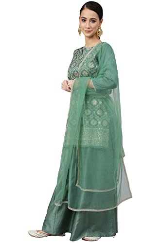 Janasya Indian Women's Mint Green Chinon Foil Print Kurta with Flared Palazzo and Dupatta(SET530-KR-PP-A-XXL)
