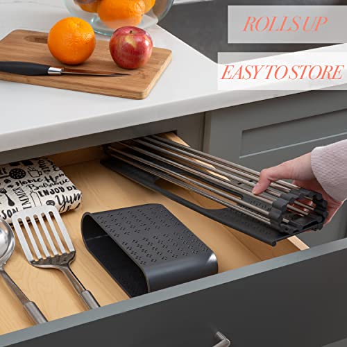 Kitchen Details Over The Sink Drying Rack with Utensil Holder | Roll Up for Storage | Stainless Steel | Drain Tray | BPA Free | Food Safe | Space Saving | Grey