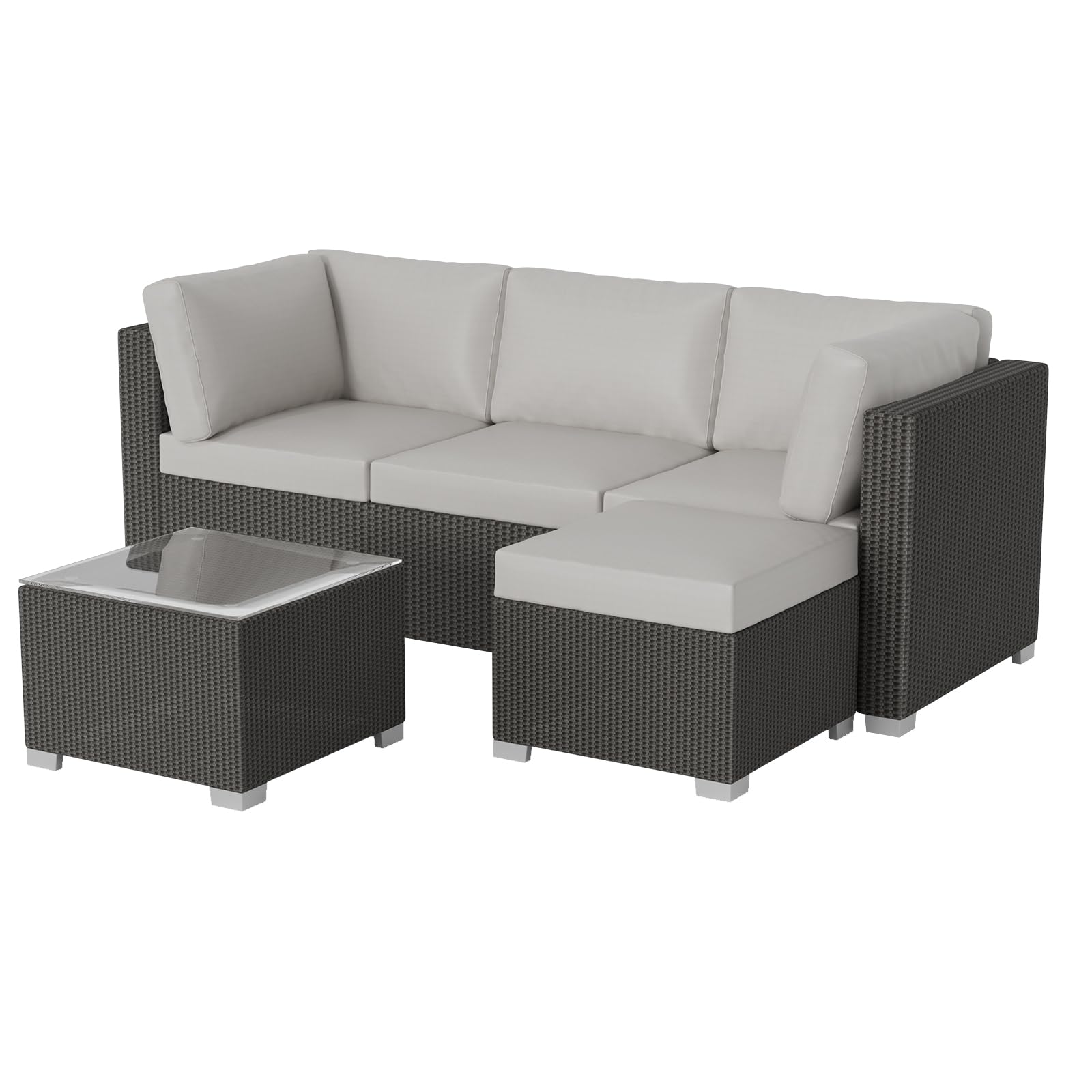 GAOMON 5-Piece Outdoor Patio Rattan Wicker Sofa Set, Pe Rattan Conversation Sectional with Thickened Back Cushion, Glass Tabletop, Ottoman - Ideal for Courtyard Space, Light-Grey