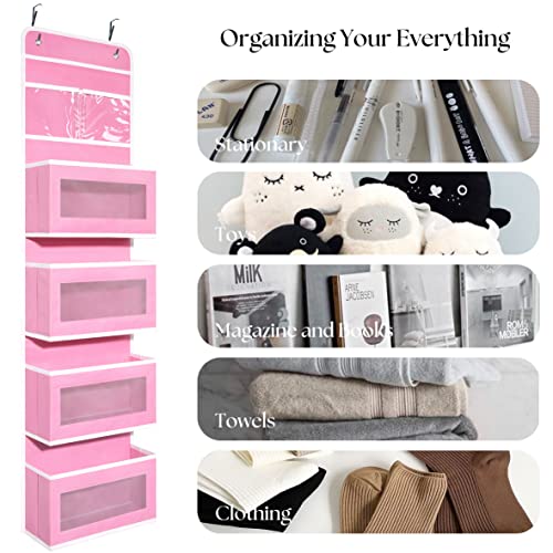 Heavy Duty Over Door Organizer, Wall Mount Hanging Organizer Storage with 4 Large Capacity Pockets, Closet Bathroom Nursery Bedroom Dorm, Toys Cosmetics Sundries and Baby Essentials, Pink