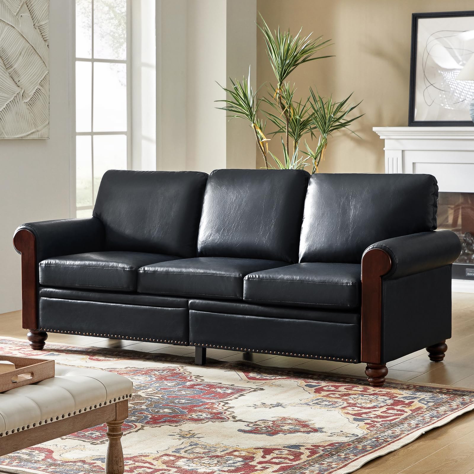 HULALA HOME 81" Sofa, Classic Faux Leather Couch Comfy 3 Seater Sofa with Wood Decor Rolled Arms Nailhead Trim, Brown Upholstered Leather Couch for Living Room