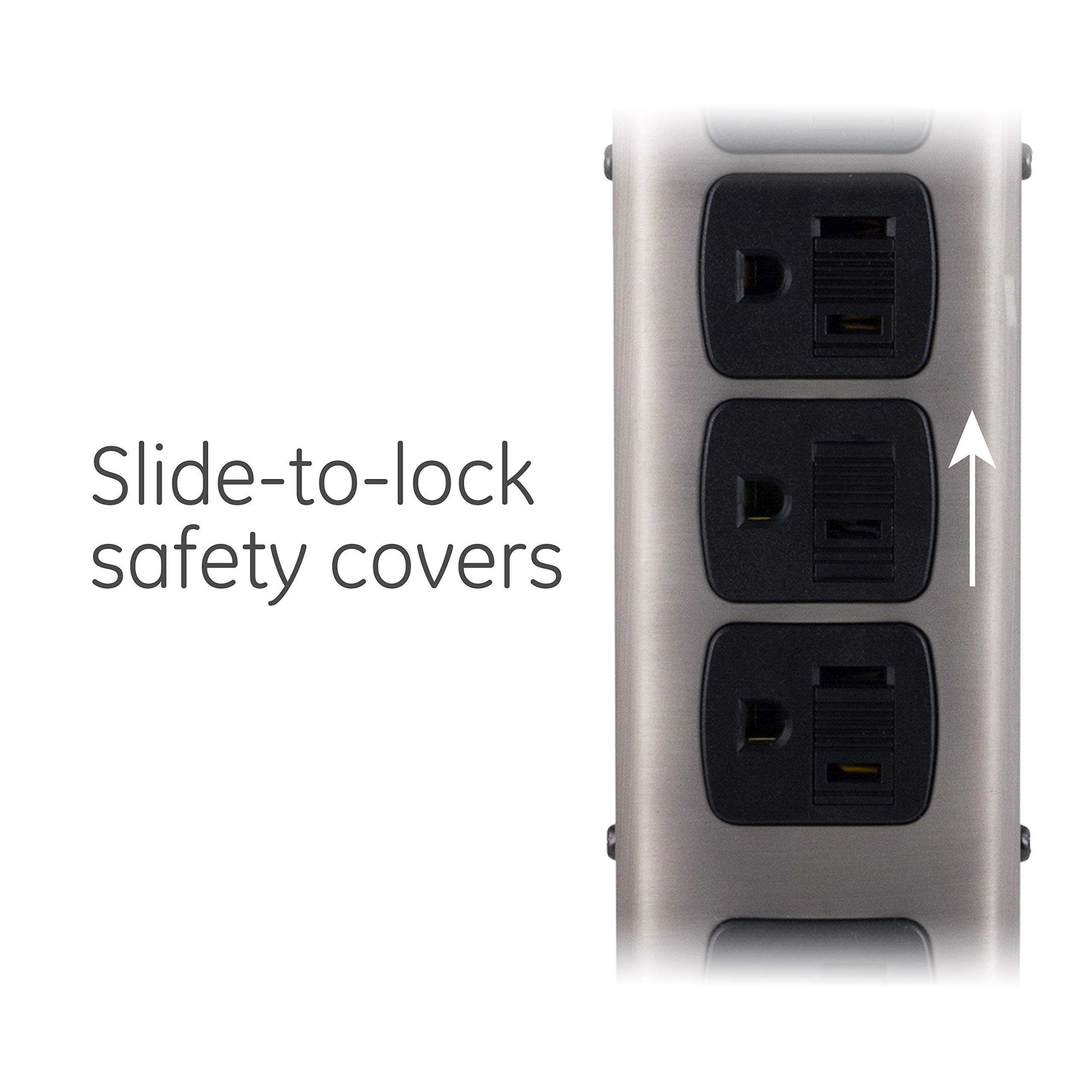 GE 5-Outlet Surge Protector Power Strip, 2 USB Ports, 4 ft Long Extension Cord, Flat Plug, Extra Wide Adapter Spaced Outlet, Slide-to-Close Safety Outlets, 300 Joules, Brushed Nickel, 25428