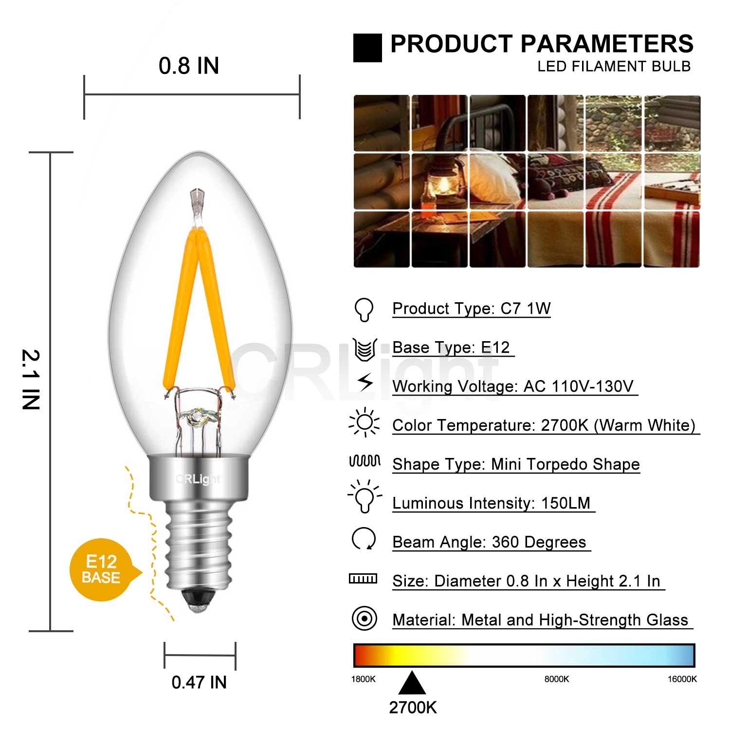 CRLight C7 1W LED Night Light Bulbs 15W Equivalent 150LM Warm White 2700K, E12 Candelabra Base Clear Glass C7 Mini Candle Torpedo Shape, Non-dimmable, 2 Pack