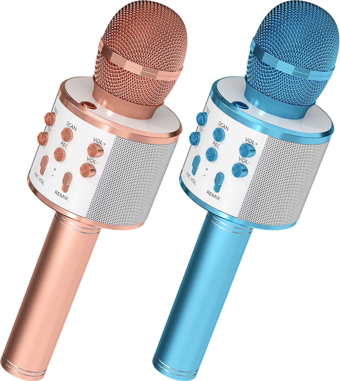 OVELLIC 2 Pack Karaoke Microphone for Kids, Wireless Bluetooth Karaoke Microphone for Singing, Portable Handheld Mic Speaker Machine, Great Gifts Toys for Girls Boys Adults All Age (Rose Gold & Blue)